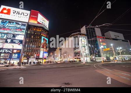 SAPPORO, JAPAN- Feb 25, 2019 : Susukino junction with landmark of Nikka ...