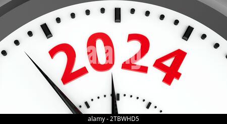 Black clock with 2023-2024 change represents coming new year 2024, three-dimensional rendering ...