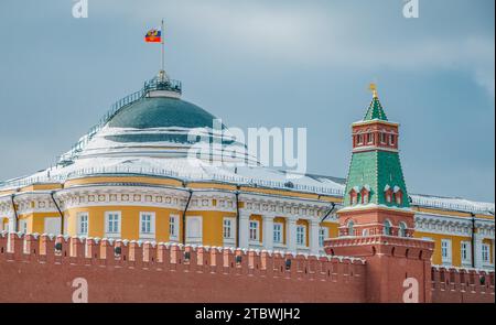 A picture of the Kremlin topped with snow, taken from outside the walls ...
