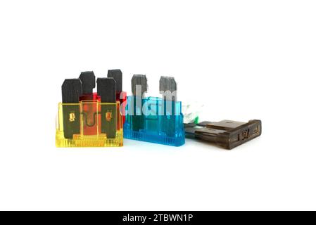 Various colored automobile fuses with open circuit used to protect the ...