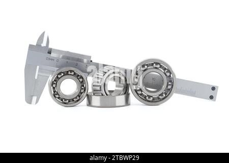 Measure caliper and roller bearings on white background. Mechanical ...