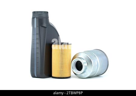 Plastic black containers for engine oil. Set from different angles ...