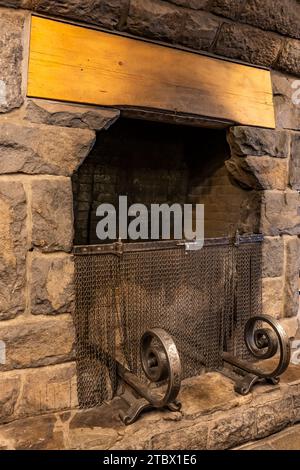 Hearth and warming area at entrance to historic Timberline Lodge on Mt ...