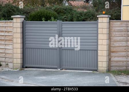 sliding gray gate steel big grey metal portal fence on modern house ...