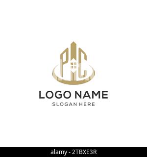 Initial PC home logo with creative house element in line art style ...