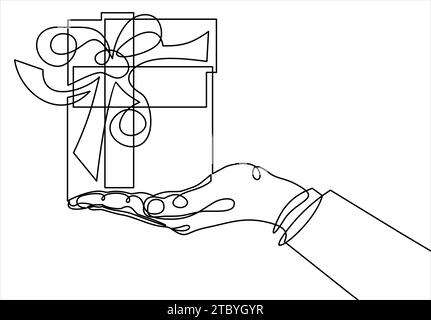 Hand holding gift box. Continuous line drawing, one hand drawn ...