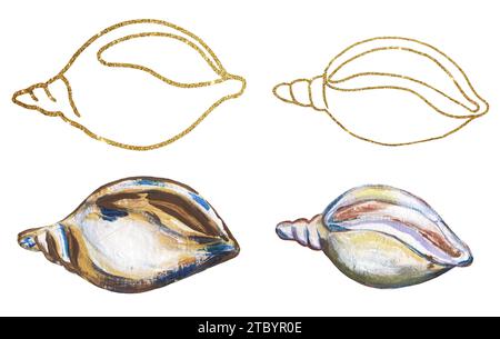 Acrylic hand painted sea shells, corals and pearls wreath illustration ...