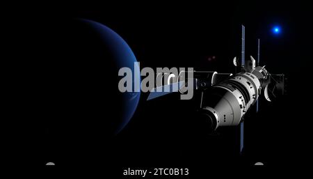 Spaceship arriving at Neptune, space mission to the unknown planet. 3d ...
