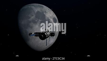 Spaceship arriving at Moon, space mission to the Earth satellite. 3d ...
