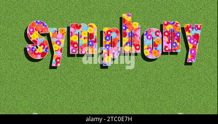 Text, writing, English word Symphony with colorful flowers on a green ...