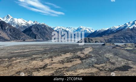 The dry arid alpine Hakatere conservation park bordered by the snow ...