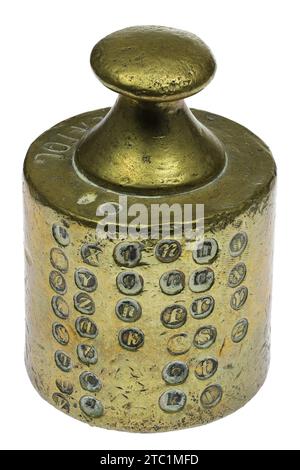 vintage brass weight with several calibration hallmarks isolated on ...