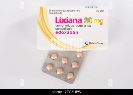 A box of Lixiana 30 mg pills isolated on white. Blood anticoagulant ...