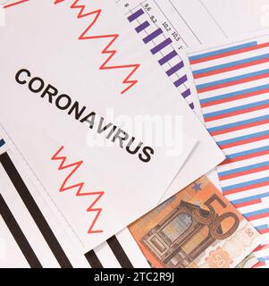 Inscription coronavirus, currencies euro and downward graphs ...