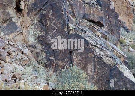 Petroglyphs written by the Hopi Indians at Parowan Gap, Utah. Symbols ...