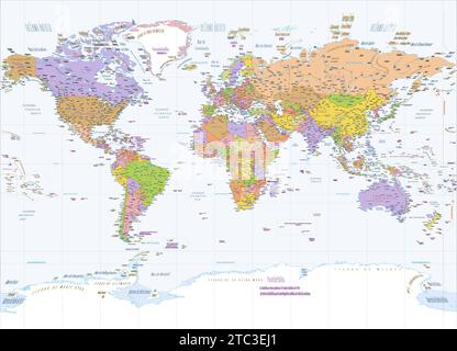 Detailed political world map Spanish language Miller projection Stock ...