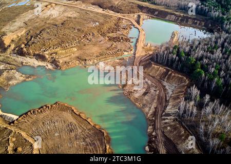 Aerial view of the territory of a large sand quarry with a pond ...