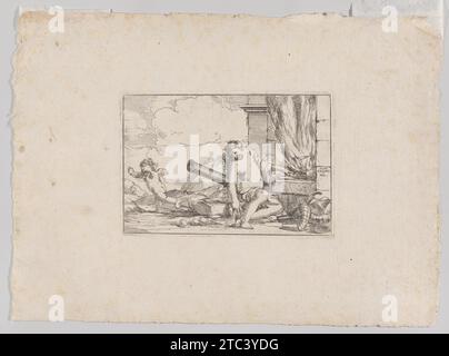 Fire, represented by Venus seated before Vulcan's forge, with armor, a ...
