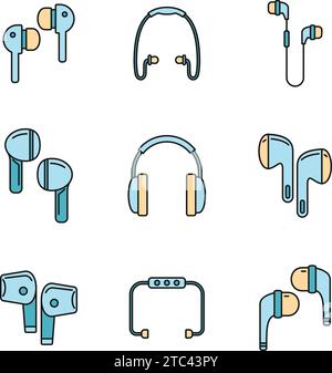 Personal wireless earbuds icons set. Outline set of personal wireless ...