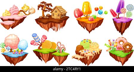 Set of floating islands for game ui isolated on black background ...