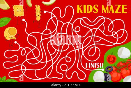Labyrinth maze, cartoon italian pasta characters pathfinding game quiz ...