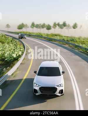 3d render of driving suv car or cruising vehicle on highway road for ...