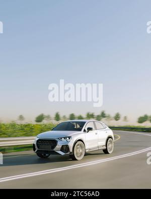 3d render of driving suv car or cruising vehicle on highway road for ...