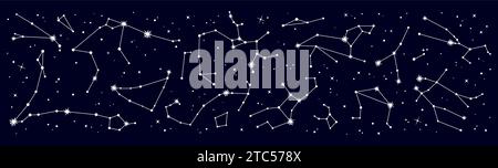 Galaxy star constellation border with zodiac signs in night sky map ...