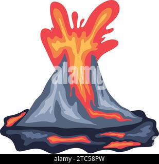 Red volcano erupting with lava flowing down its sides, flat style icon ...