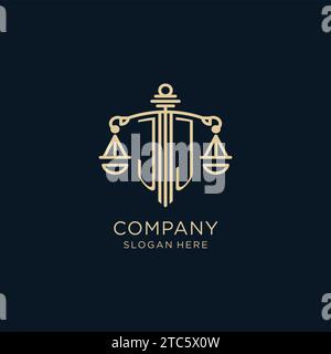 JJ initial logo with scale of justice and shield icon, luxury and elegant law firm logo style ...