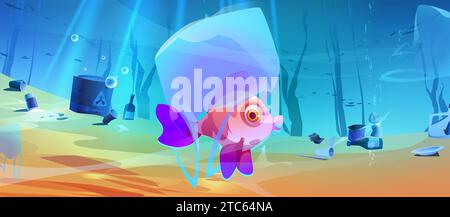 Ocean plastic pollution - sad scared fish tangled in polyethylene bag ...