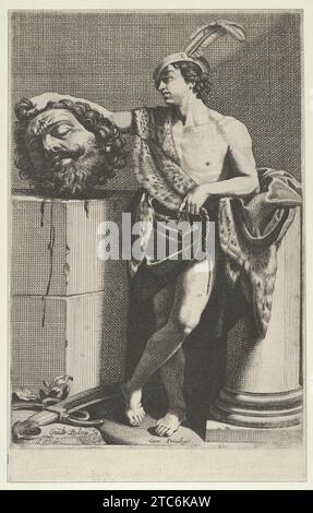 David standing with crossed legs and holding the head of Goliath on a ...