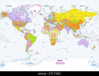 Turkish language Political world map Equirectangular projection Stock ...
