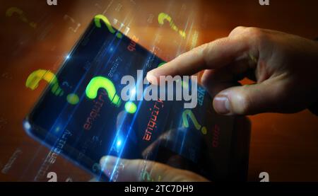 Question mark symbol mobile technology concept. Abstract sign on glitch ...