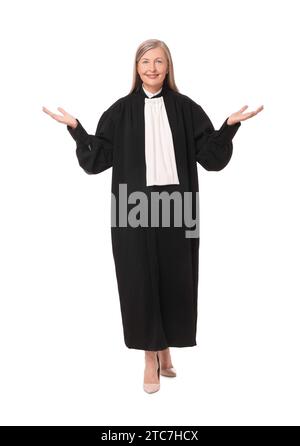 Smiling senior judge in court dress on white background Stock Photo - Alamy