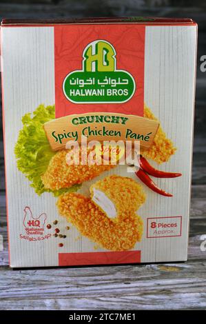 Cairo, Egypt, November 28 2023: Halwani Bros Crunchy spicy chicken pane ...
