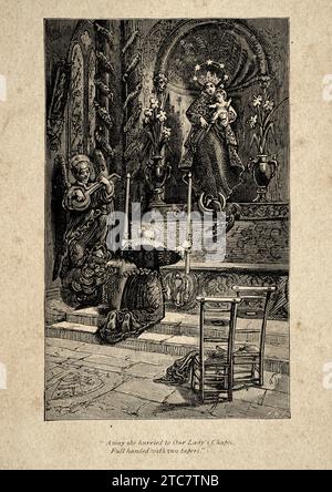 Woman kneeling at the altar praying in church watched by her priest ...