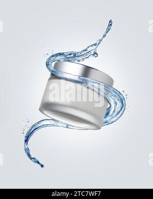 Bottle of cosmetic product in water with splashes on white background ...