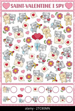 I spy game worksheet with Valentine day snakes and hearts, vector ...