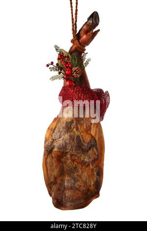 Serrano ham hanging from a rope. Fabric background. Gastronomy Stock ...