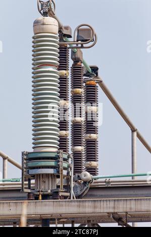 Massive insulators isolate oil-cooled 138,000-volt lines entering the ...