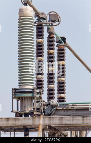 Massive insulators isolate oil-cooled 138,000-volt lines entering the ...