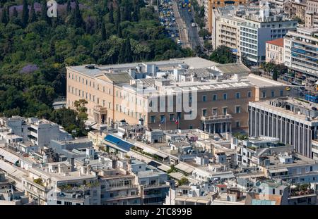 A picture of the Hellenic Parliament as seen from above, at sunset ...