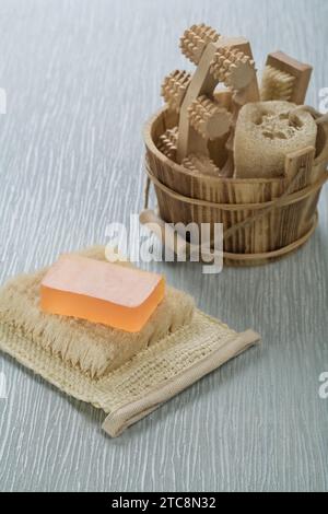 soap on bast with wooden bucket Stock Photo - Alamy