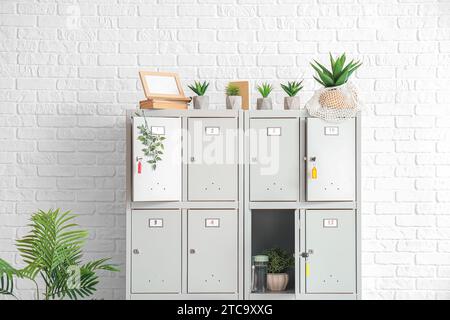 Modern locker with plants near white brick wall Stock Photo - Alamy