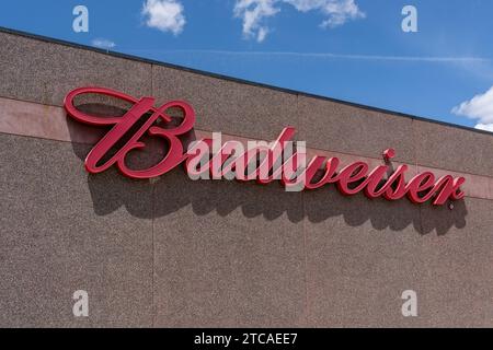 Close up of the Budweiser logo sign on the building. Colorado, USA ...