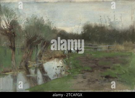 Weiland met liggende koe bij een sloot between 1863 and 1895 by Geo ...
