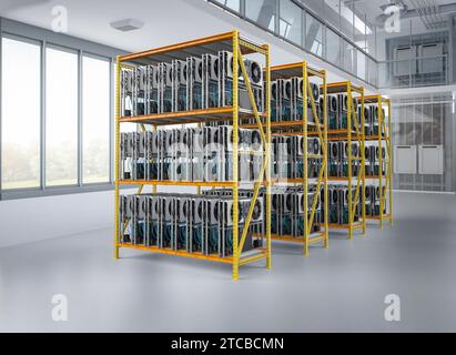 3d rendering crypto mining farm with graphic card or gpu rack in ...