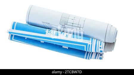 blue and white rolled blueprint isolated Stock Photo - Alamy