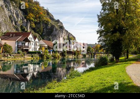 High rocks in the village Essing in Bavaria, Germany at the Altmuehl ...